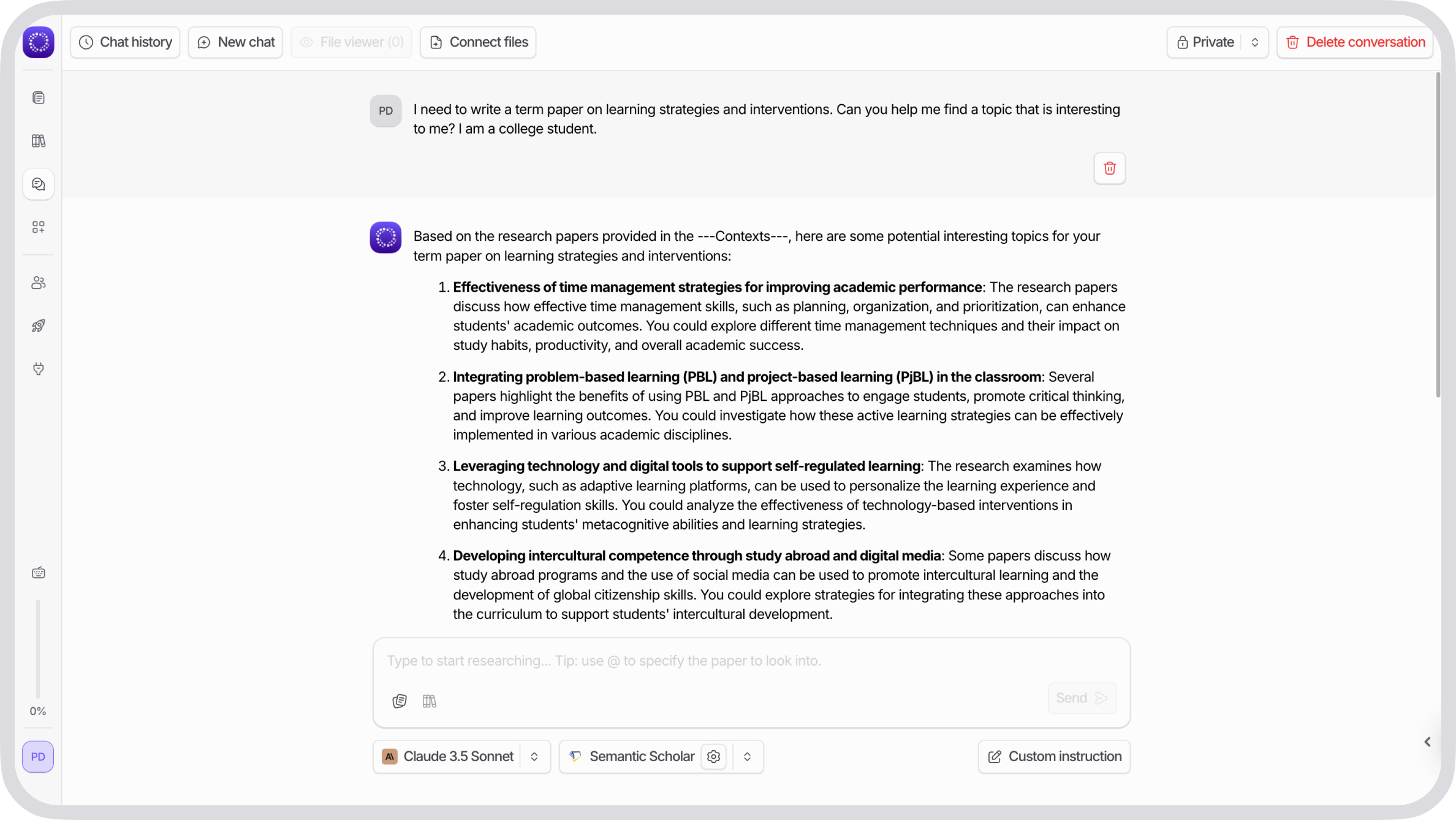 Asking Logically Research Assistant to find a topic on learning strategies and interventions.